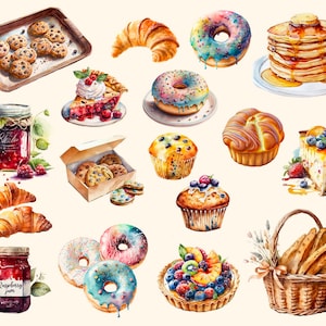 Food, Baking Clipart Watercolor, Digital Print, Croissants, Pancakes ...