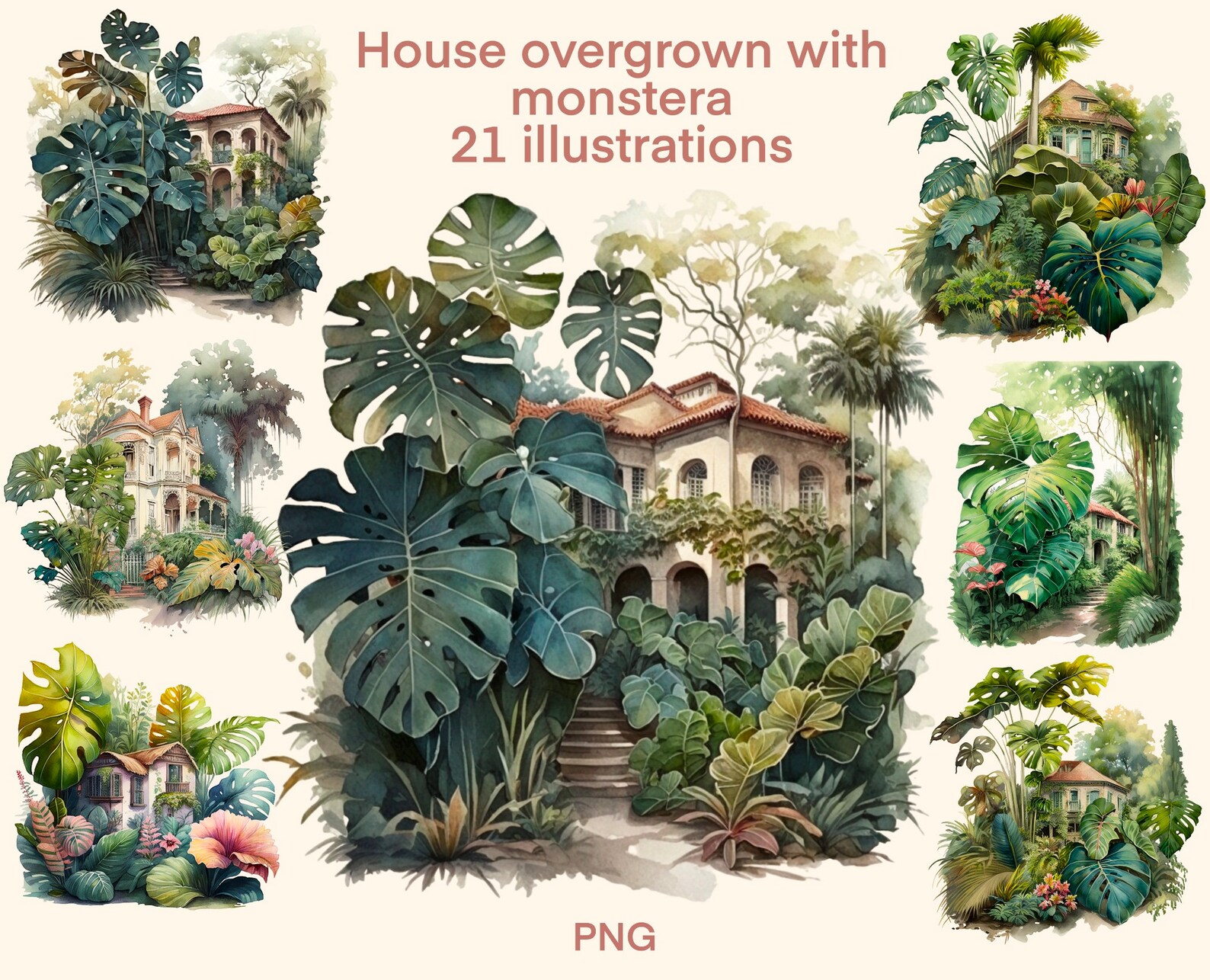 House Overgrown With Monstera Clipart Watercolor Home Flowers - Etsy