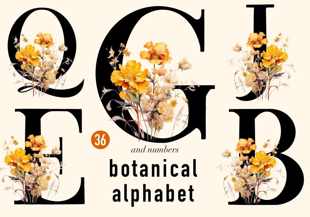 Botanic Alphabet Watercolor Png, 26 Floral Letters and 10 Digits ...