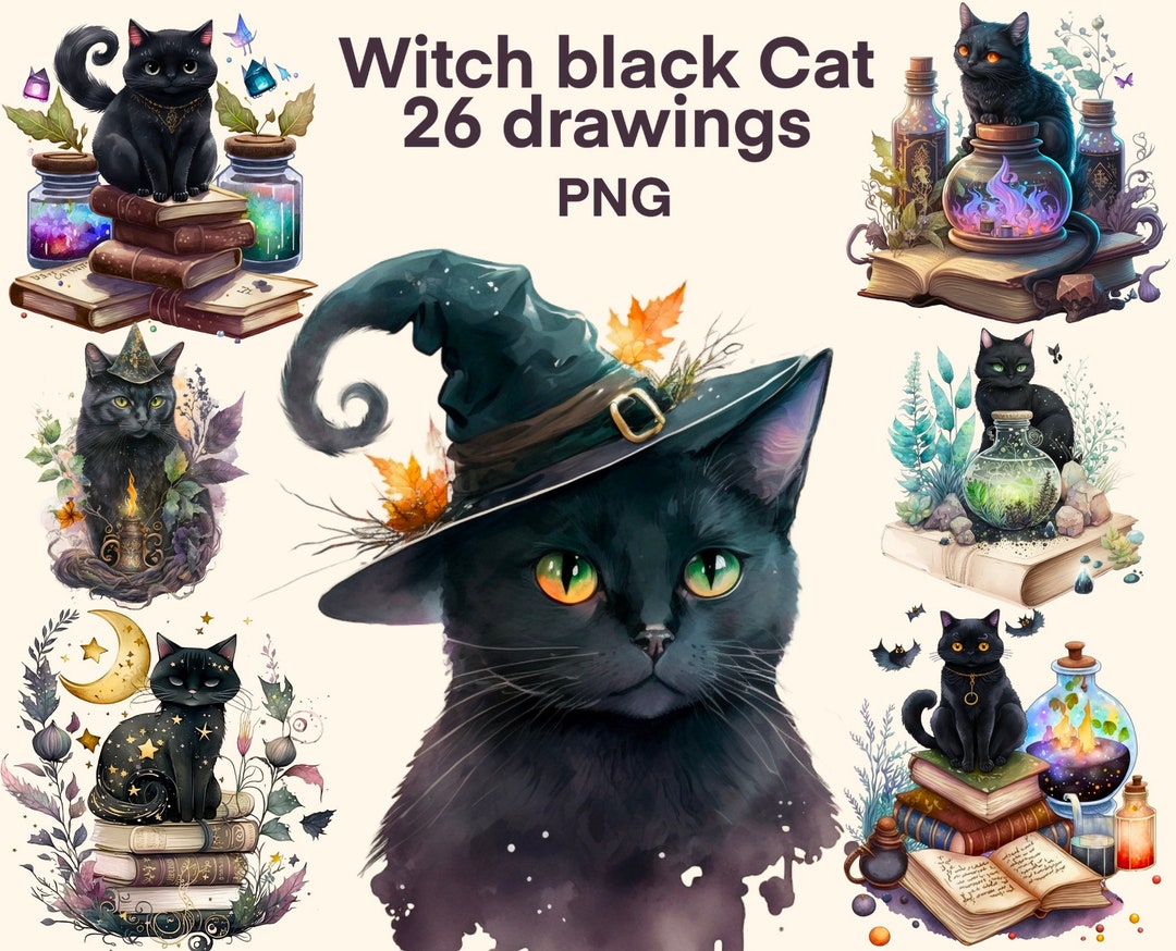 Witch Black Cats Clipart Watercolor Png, Cute Digital Print ...