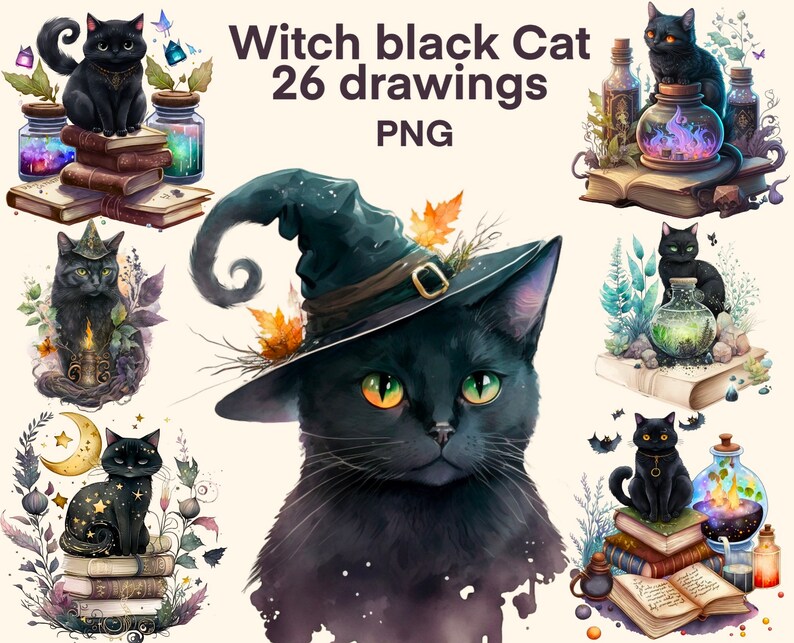 Witch Black Cats Clipart Watercolor Png Cute Digital Print - Etsy