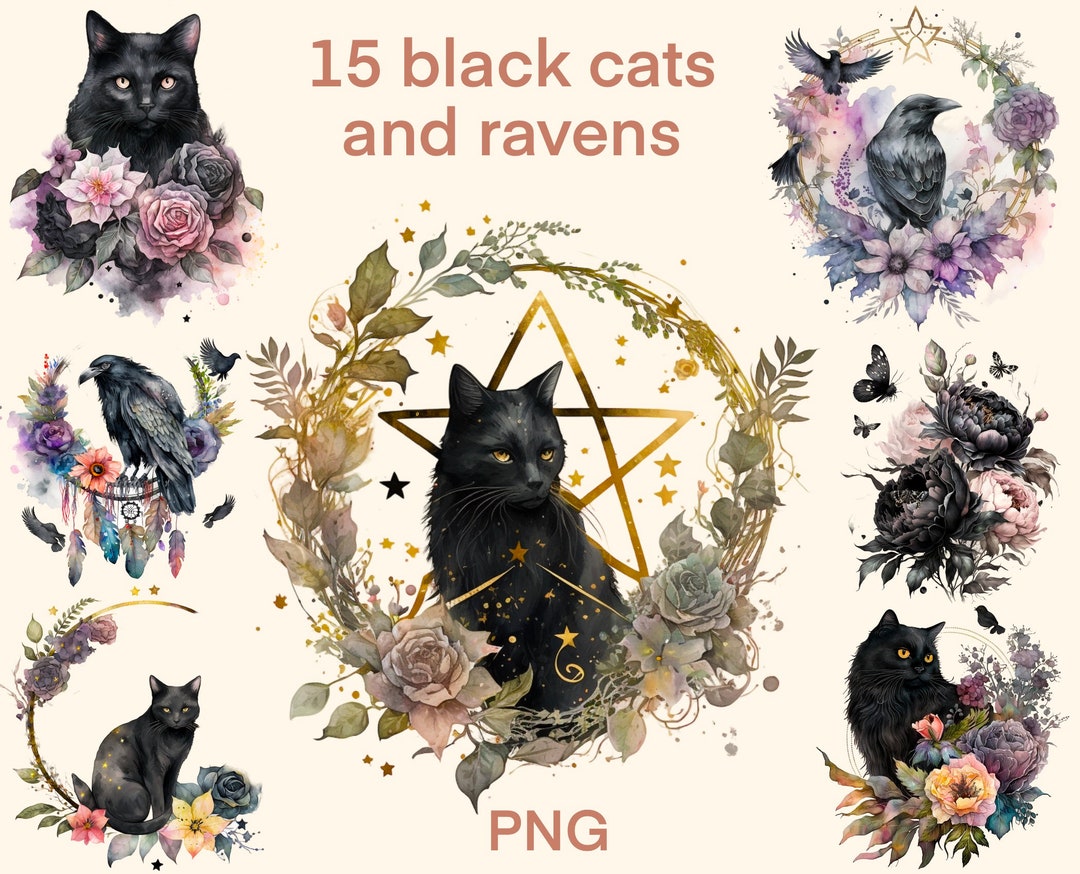 Black Cats and Ravens Clipart Watercolor Png, Cute Digital Print ...