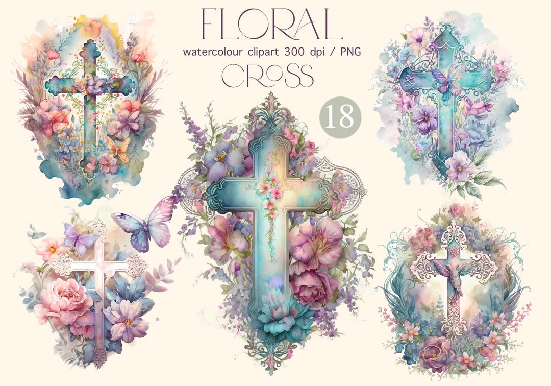Floral Cross Clipart Watercolor Digital Print, Jesus, Orthodox Cross ...