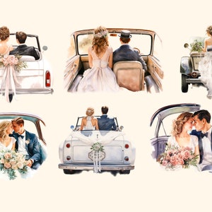 Wedding Car Clipart Watercolor, Honeymoon Digital Print, Bride and ...