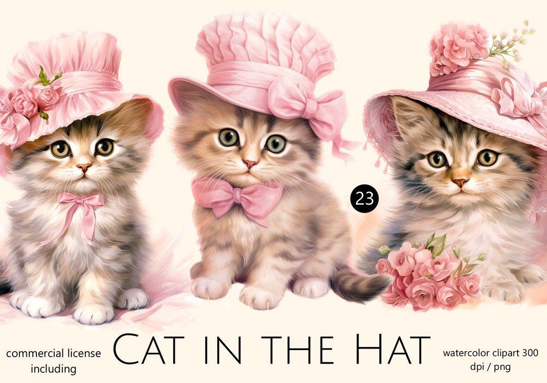 Cat in the Hat, Stylish Cat Clipart Watercolour, Digital Print ...