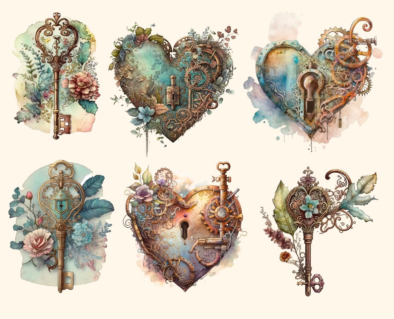 Vintage Key and Lock Clipart Download Png Watercolor Digital - Etsy