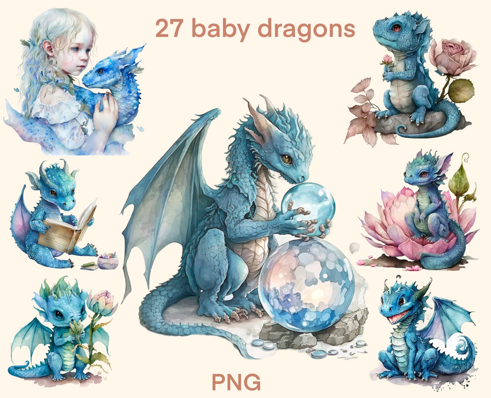 Baby Dragons Clipart Watercolor Png Cute Blue Baby Dragon - Etsy