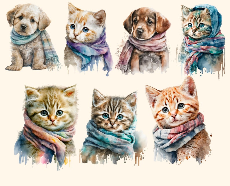 Puppy and Kittens Watercolor Clipart Png Cute Dog Digital - Etsy