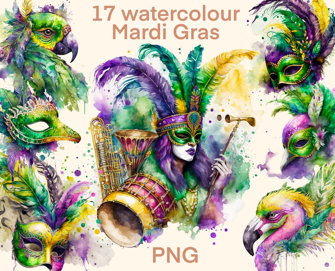 Watercolor Mardi Gras Clipart, Louisiana Digital Print, Illustration ...
