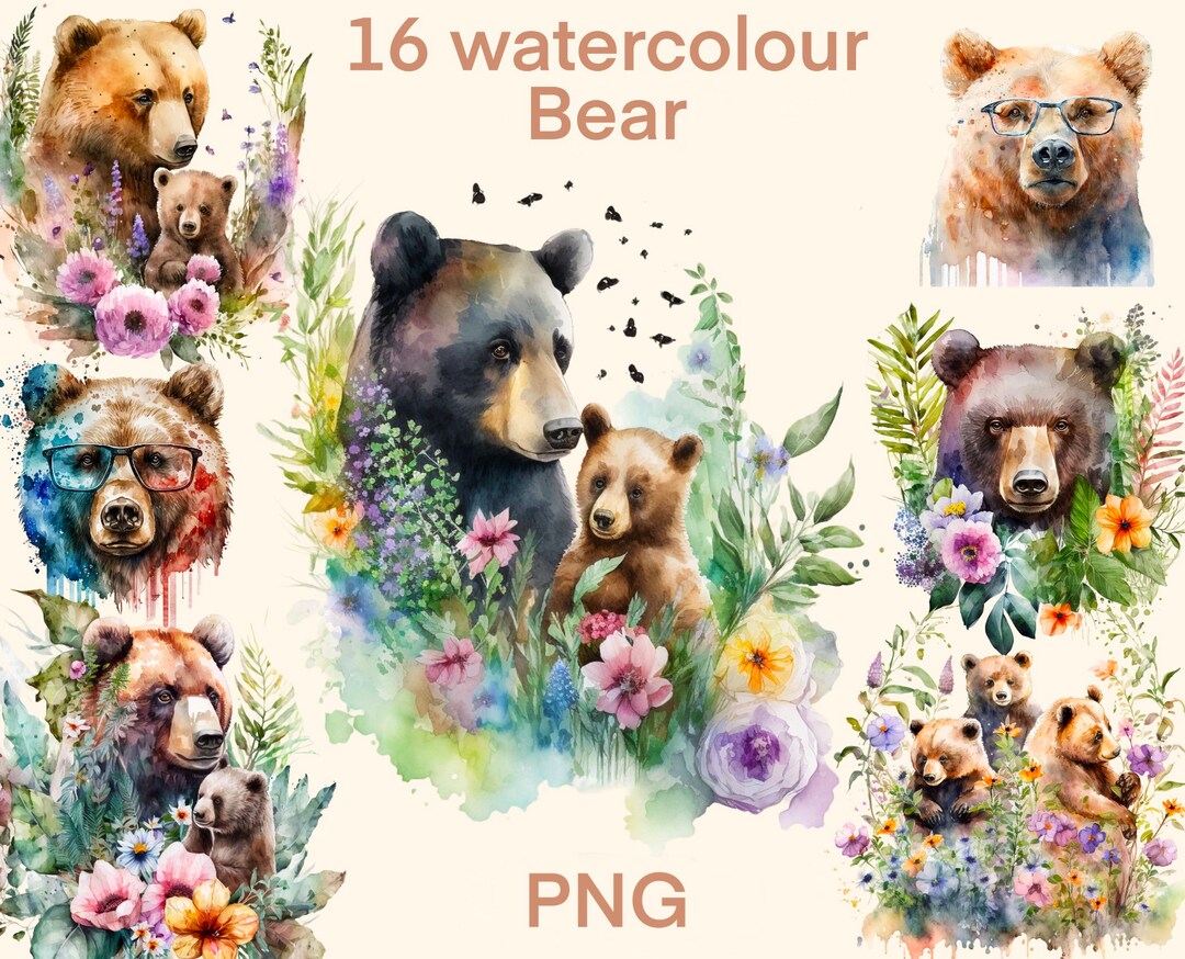 Watercolor Bears Png, 16 Bears Clipart, Digital Print, Illustration Set ...