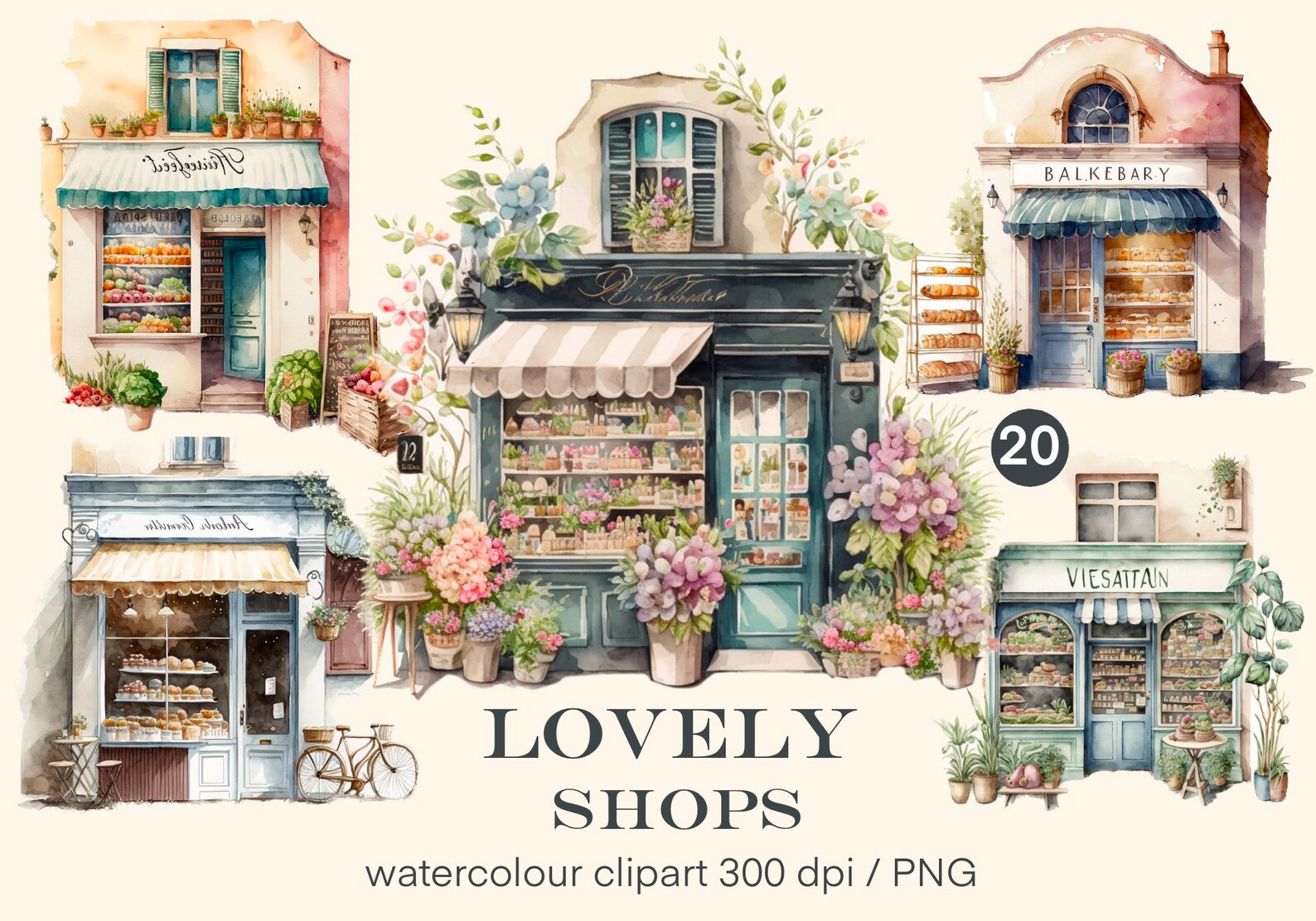 Lovely Shops Clipart Watercolor Digital Print Illustration - Etsy