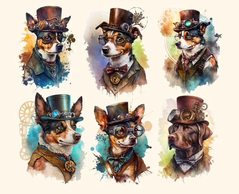 Steampunk Dogs Clipart Watercolor Png Digital Print - Etsy