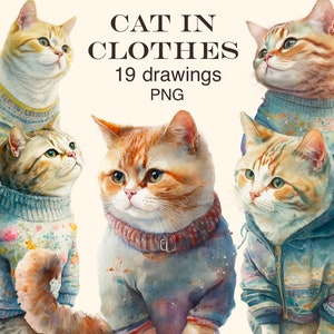 Cute Cat in Clothes, Stylish Cat Clipart Watercolour, Digital Print ...