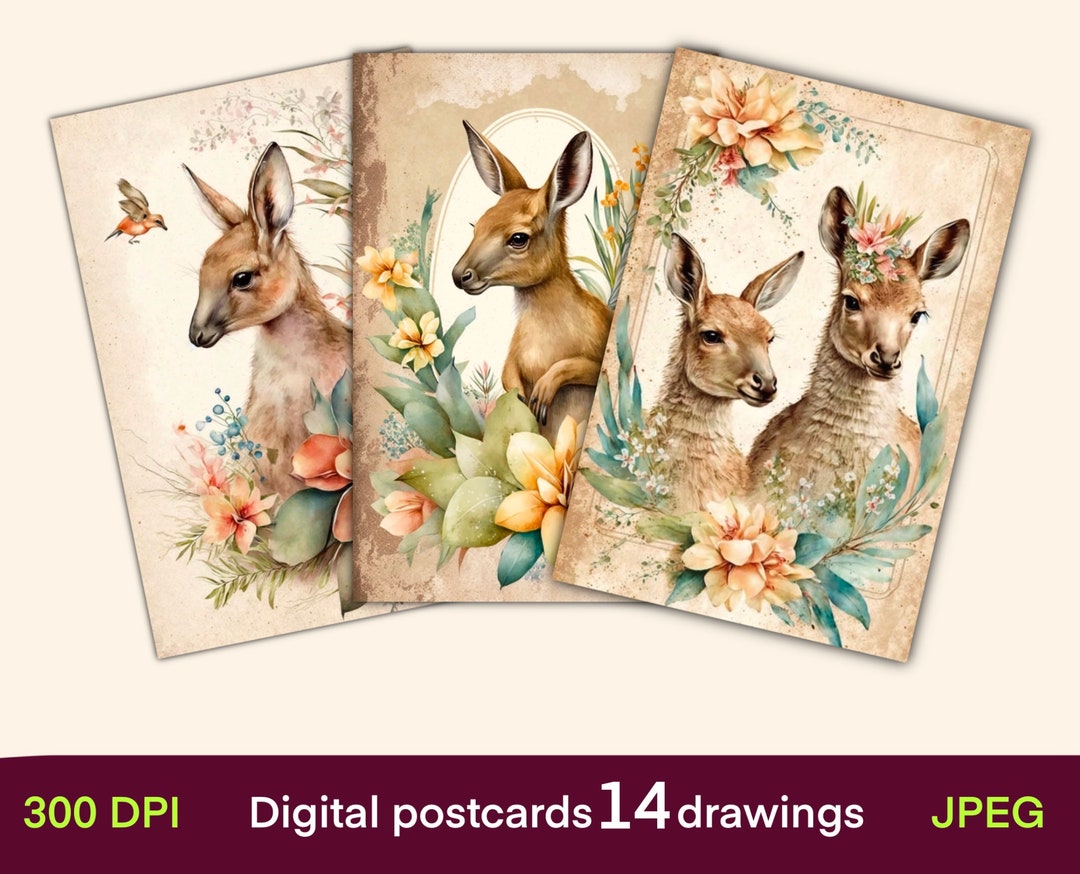 Kangaroo Digital Cards, Journal Cards, Vintage Postcards Print, Digital ...