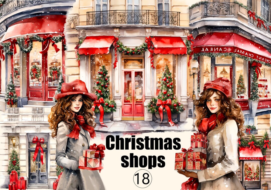 Christmas Shops Watercolour Clipart, Jingle, Holiday Collection Digital ...