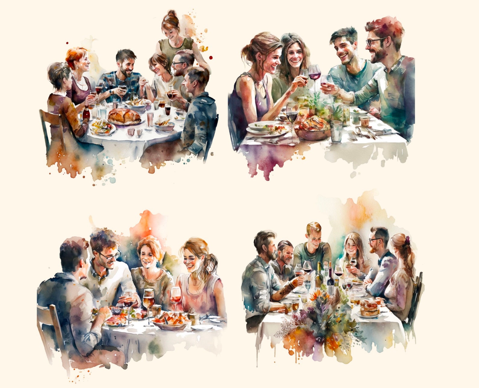 Feast Clipart Watercolor, Digital Print, Family Illustration Set ...