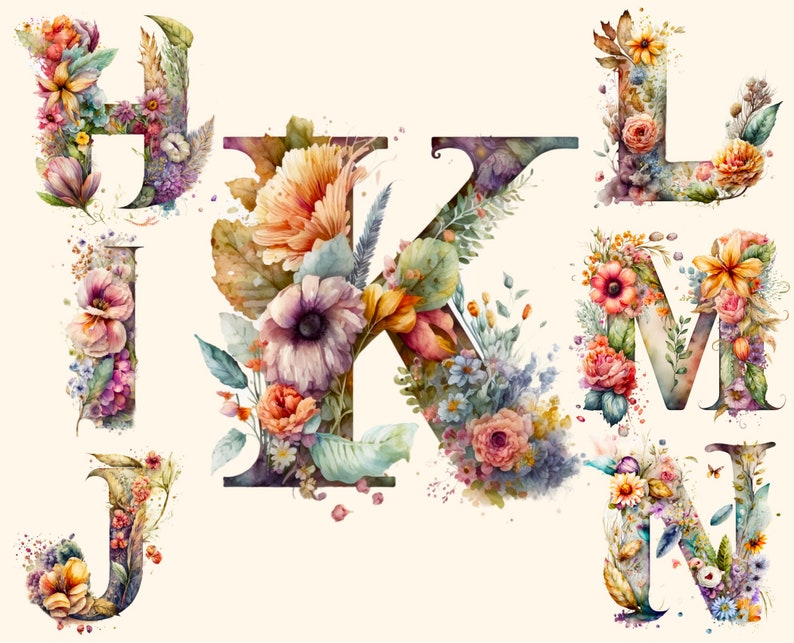 Alphabet Watercolor Png 26 Floral Letters Clipart Digital - Etsy
