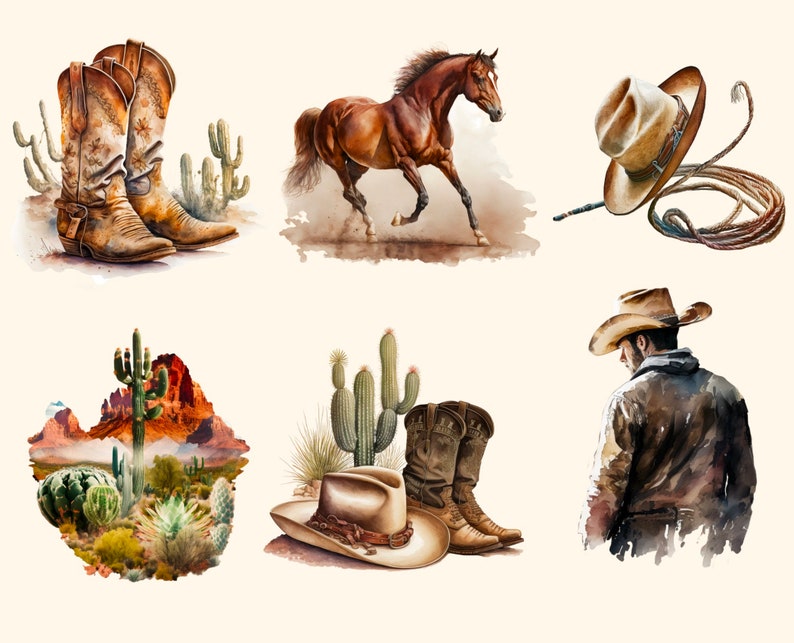 Wild West Clipart Watercolor Cowboy on a Horse Illustration - Etsy