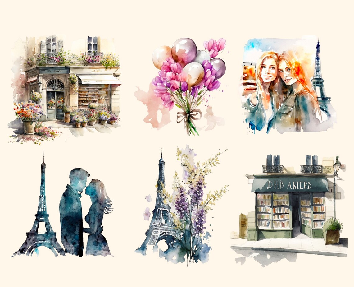 Paris Clipart Watercolor Digital Print Paris Doodles - Etsy