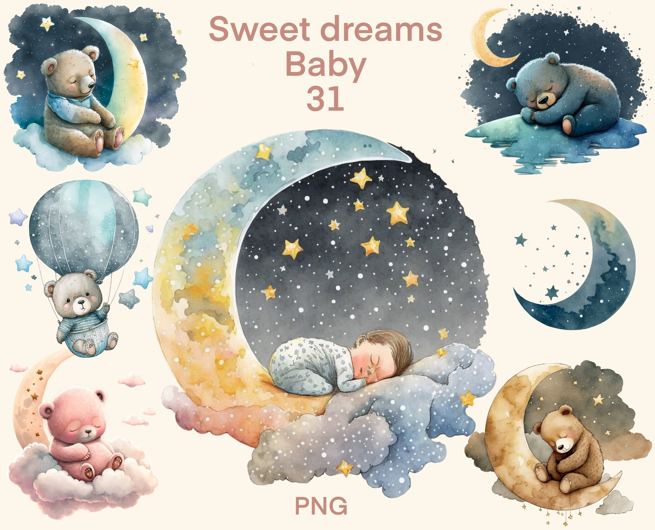 Sweet Dreams Baby Watercolor Clipart Newborn Children PNG - Etsy
