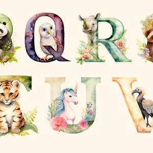 Animal Alphabet Watercolor Png, 26 Floral Letters Clipart, Digital ...