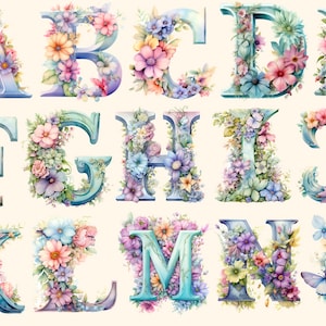 Pastel Alphabet Watercolor Png, 26 Floral Letters Clipart, Delicate ...