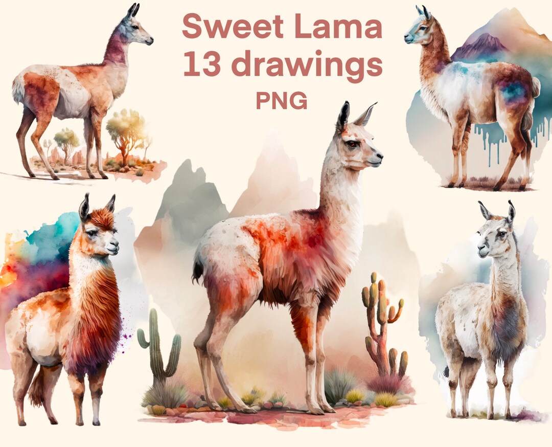 Lama Clipart Watercolor Png, Digital Print, Illustration Set, Stickers ...