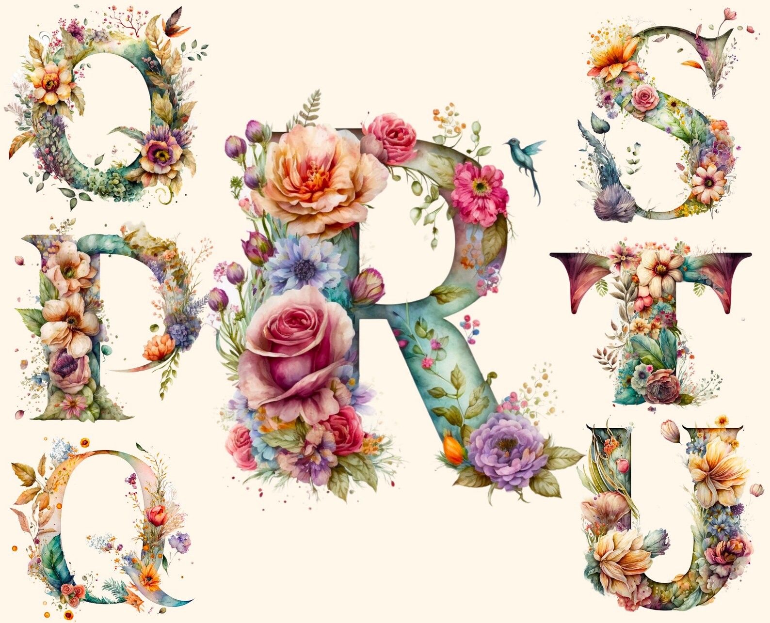 Alphabet Watercolor Png 26 Floral Letters Clipart Digital - Etsy