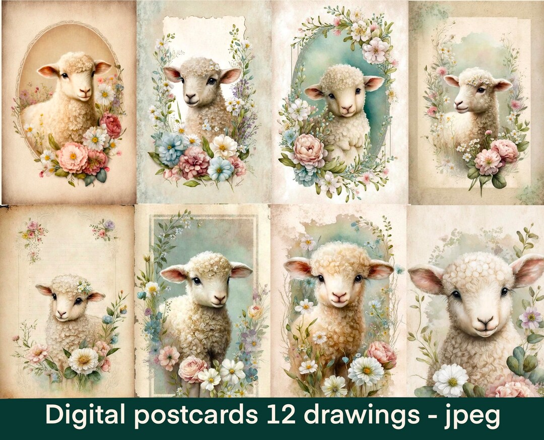 Sheep, Digital Cards, Journal Cards, Vintage Postcards Print, Digital ...