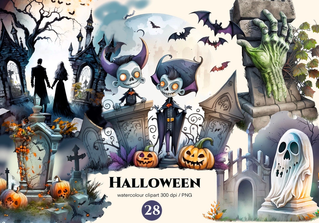 Halloween Clipart Watercolor Png, Zombies, Vampires, Pumpkins ...