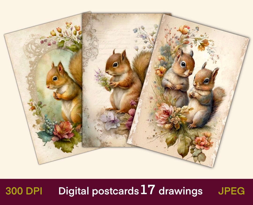 Squirrels Digital Cards, Journal Cards, Vintage Postcards Print ...
