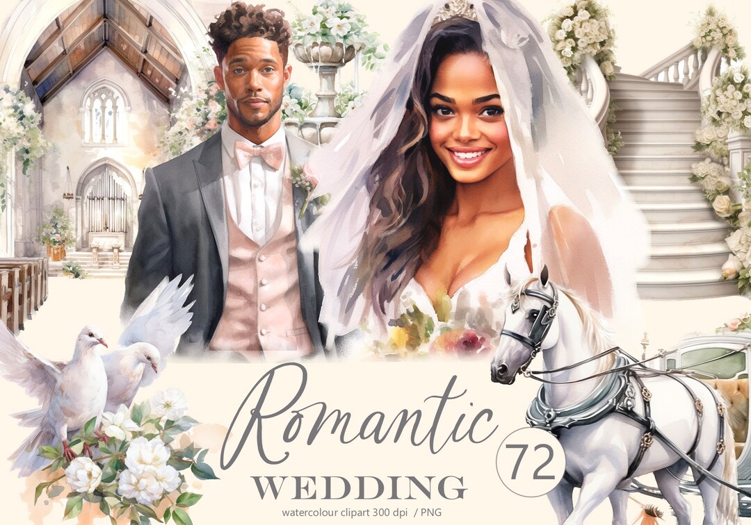 Wedding, Black Bride and Groom Clipart Watercolor, Mixed Race Digital ...