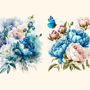 Blue Peonies Clipart Watercolor Png, Cute Floral Digital Print ...
