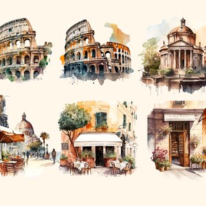 Rome Watercolor Clipart, Italy Digital Print, Coliseum Illustration Set ...
