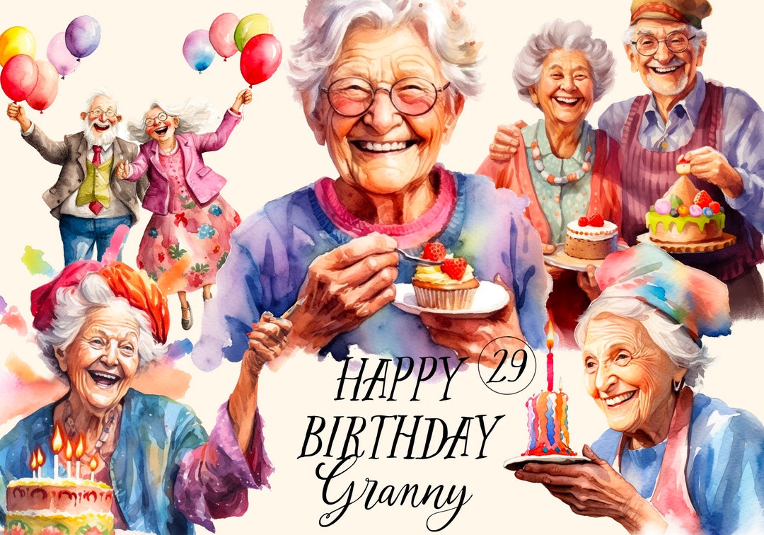 Happy Birthday Granny Watercolour Clipart, Funny Old Lady Digital ...