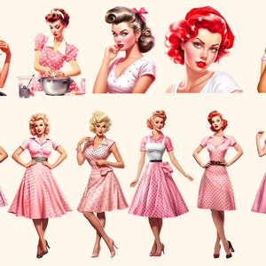 Pink Retro Girl Watercolor Clipart Digital Print, Woman With 50s ...