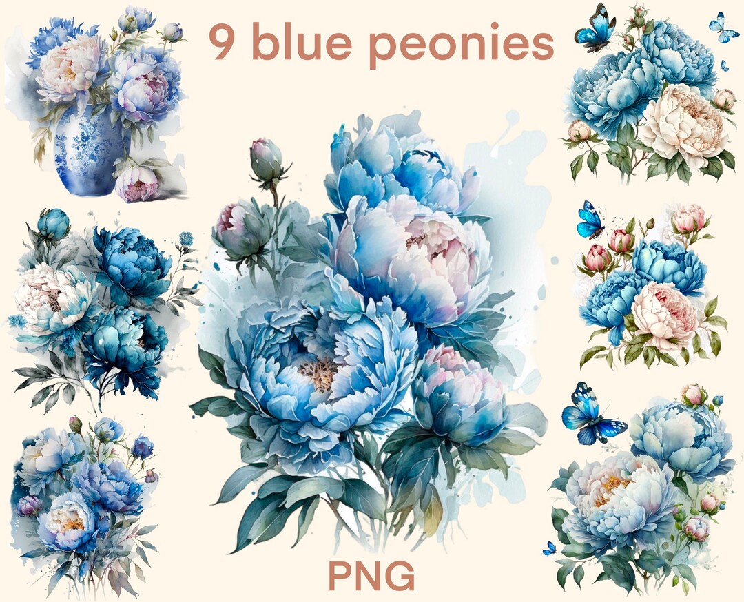 Blue Peonies Clipart Watercolor Png, Cute Floral Digital Print ...