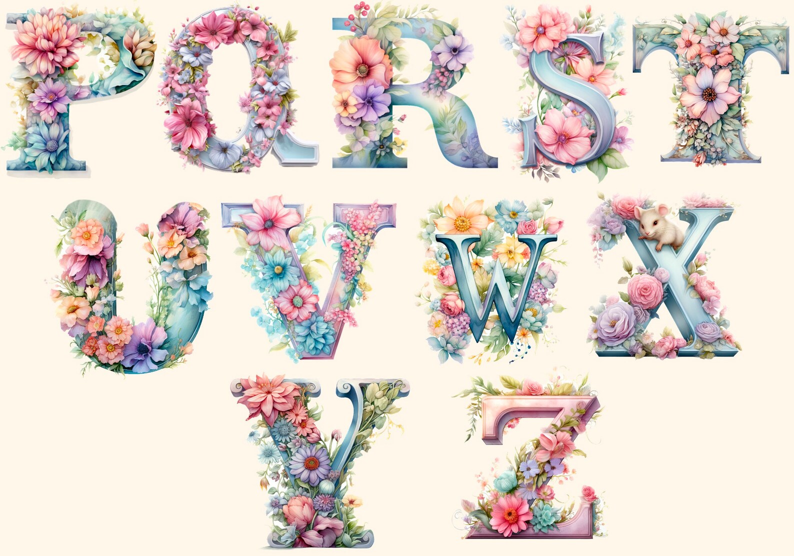 Pastel Alphabet Watercolor Png, 26 Floral Letters Clipart, Delicate ...