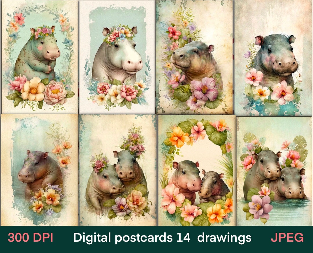 Hippos Digital Cards, Journal Cards, Vintage Postcards Print, Digital ...