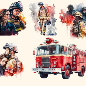 Firefighters Clipart Watercolor, Illustration Set, Stickers, Scrapbook ...