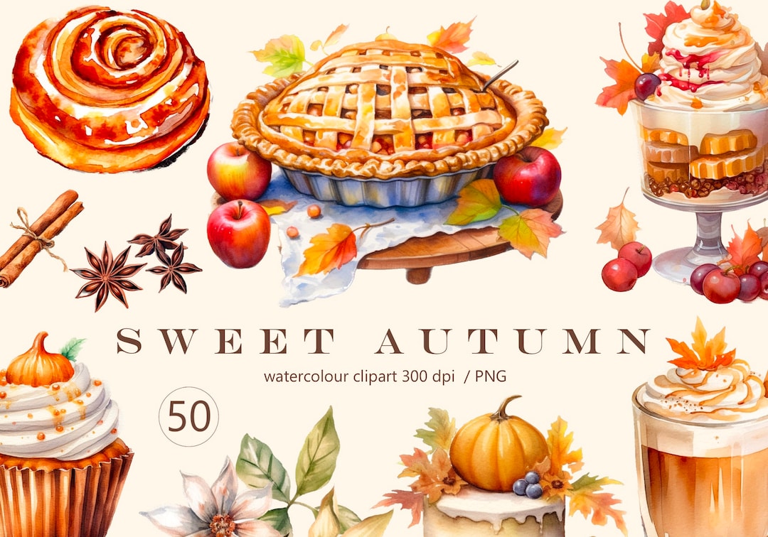 Sweet Autumn Watercolor Clipart Png, Dessert, Cake, Cocktail, Pumpkins ...