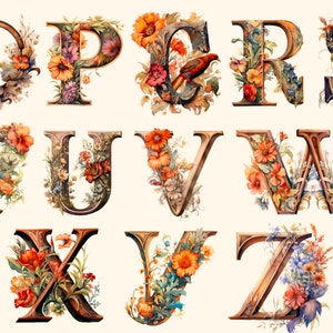 Vintage Alphabet Watercolor Png, 26 Floral Letters Clipart, Digital ...