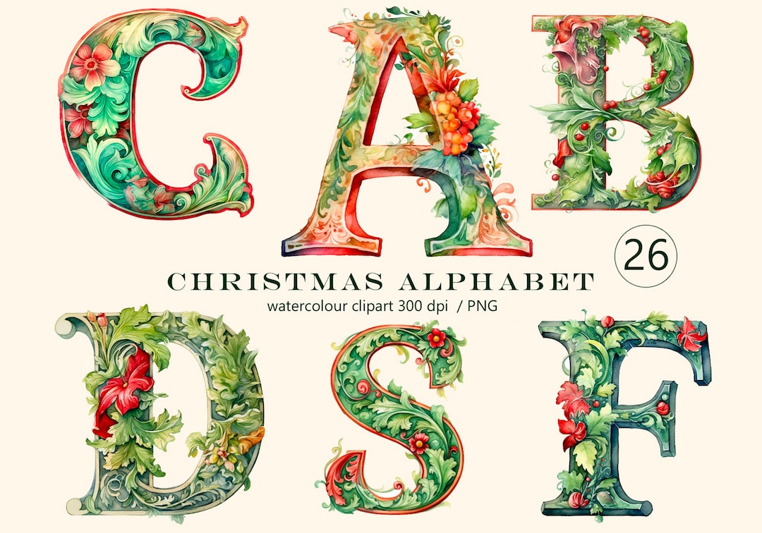 Christmas Alphabet Watercolor Clipart, 26 Floral Letters, Santa, New ...