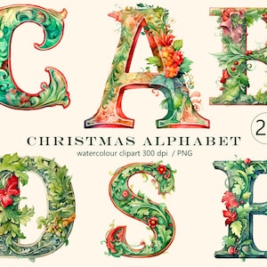 Christmas Alphabet Watercolor Clipart, 26 Floral Letters, Santa, New ...