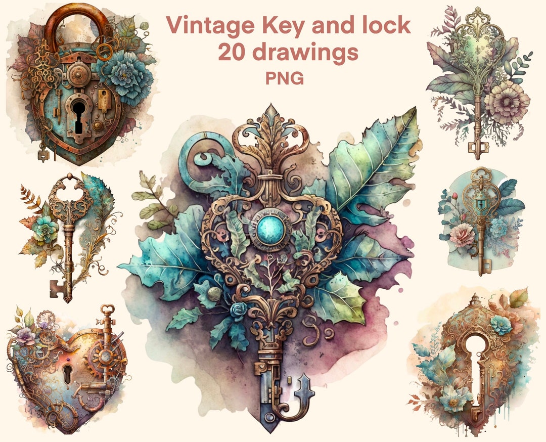Vintage Key and Lock Clipart Download Png, Watercolor Digital Print ...