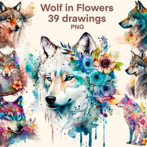 Wolf in Flowers Watercolor Clipart, Illustration Set, Stickers ...