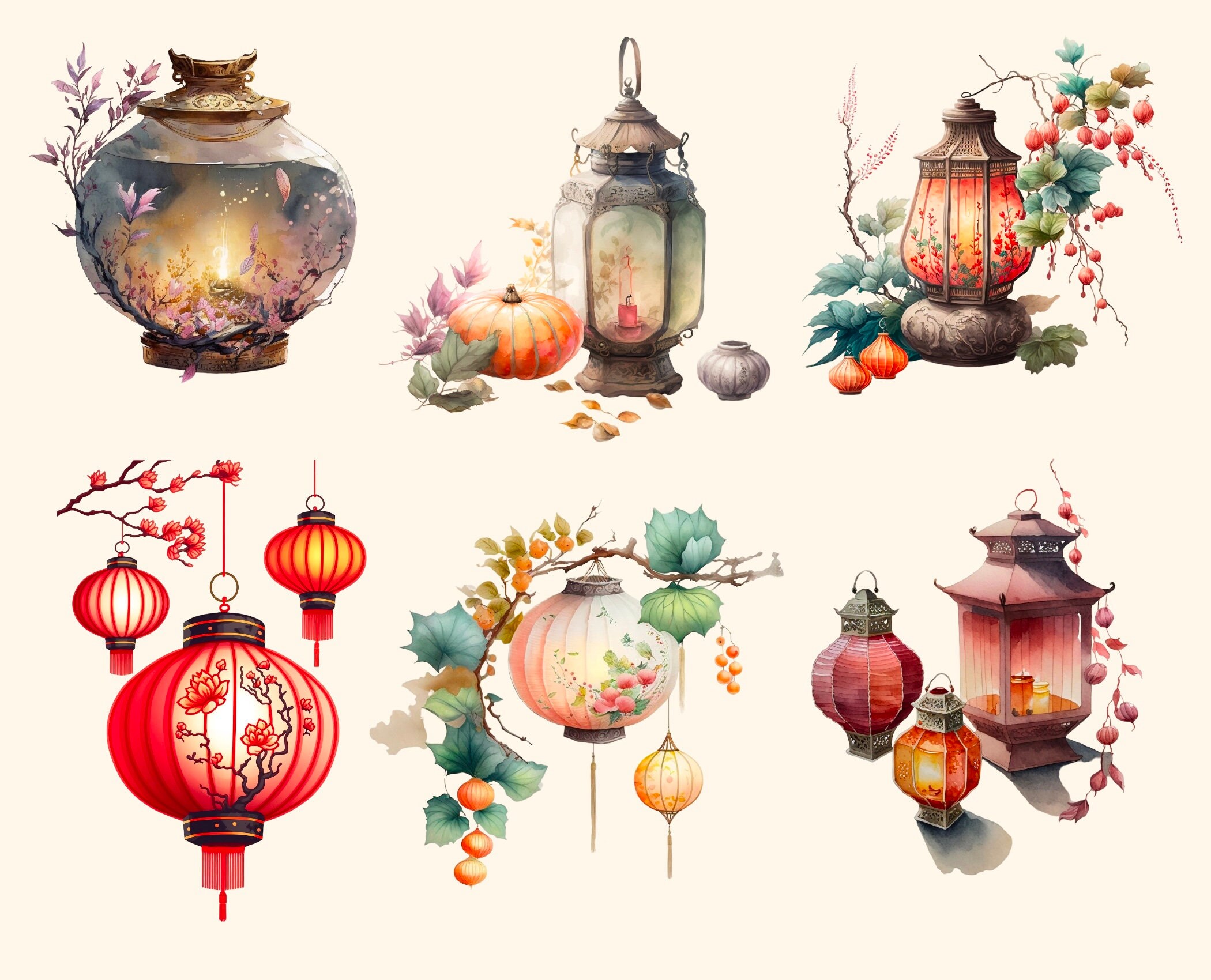 Chinese Lanterns Watercolor Clipart Png Digital Print - Etsy