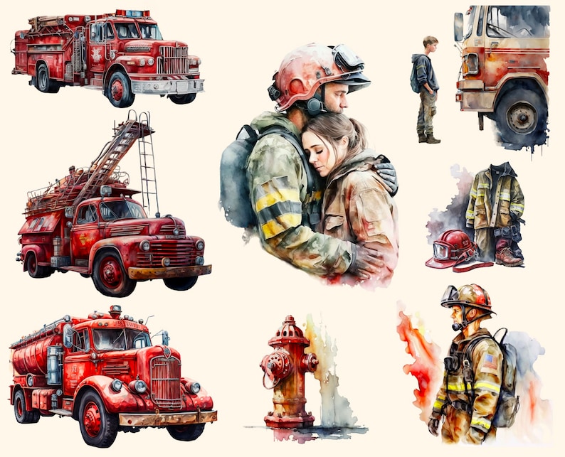 Firefighters Clipart Watercolor Illustration Set Stickers - Etsy