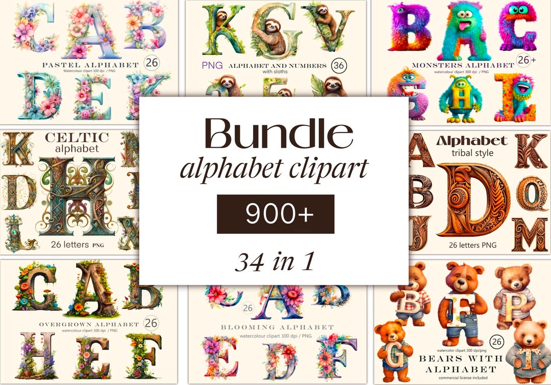 Alphabet Clipart Big Bundle Watercolor, Letters and Numbers Digital ...