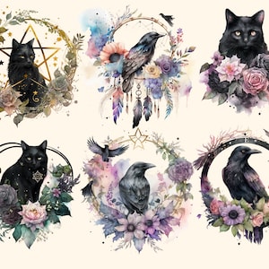 Black Cats and Ravens Clipart Watercolor Png, Cute Digital Print ...